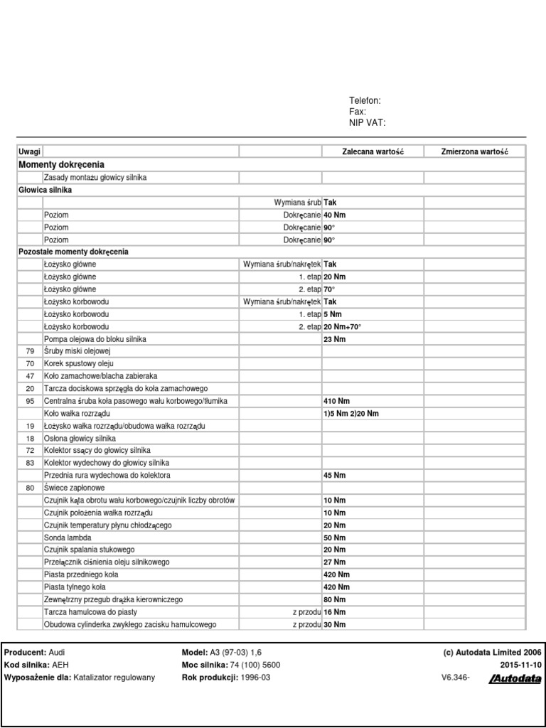 Momenty Dokręcania Audi A3 | PDF