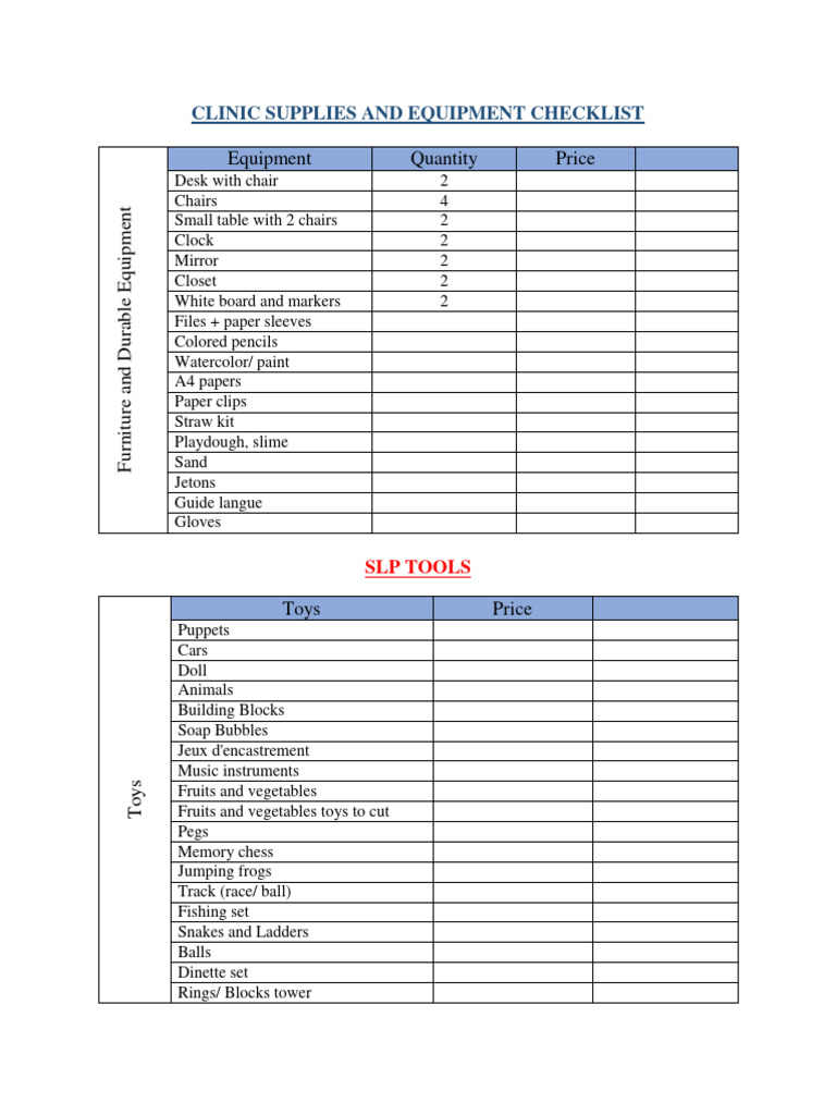 Clinic Supplies Checklist | PDF | Toys