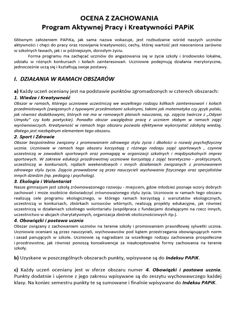 OCENA Z ZACHOWANIA Papik | PDF