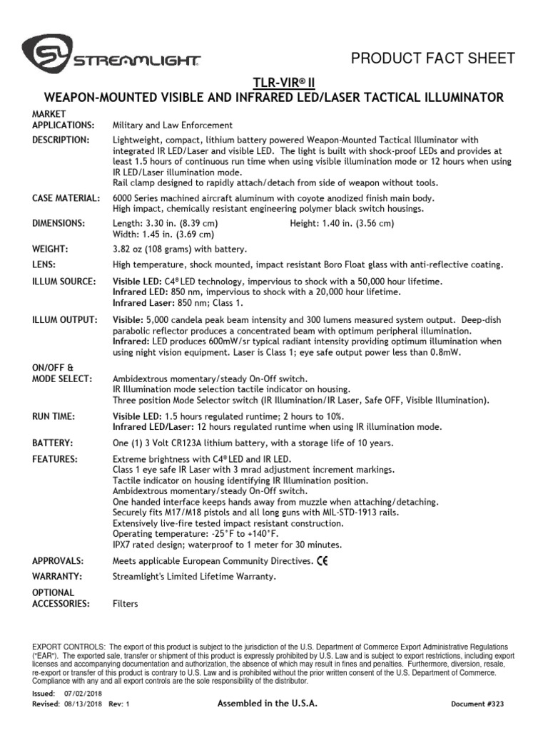 Streamlight TLR-VIR Datasheet | PDF | Infrared | Light Emitting Diode