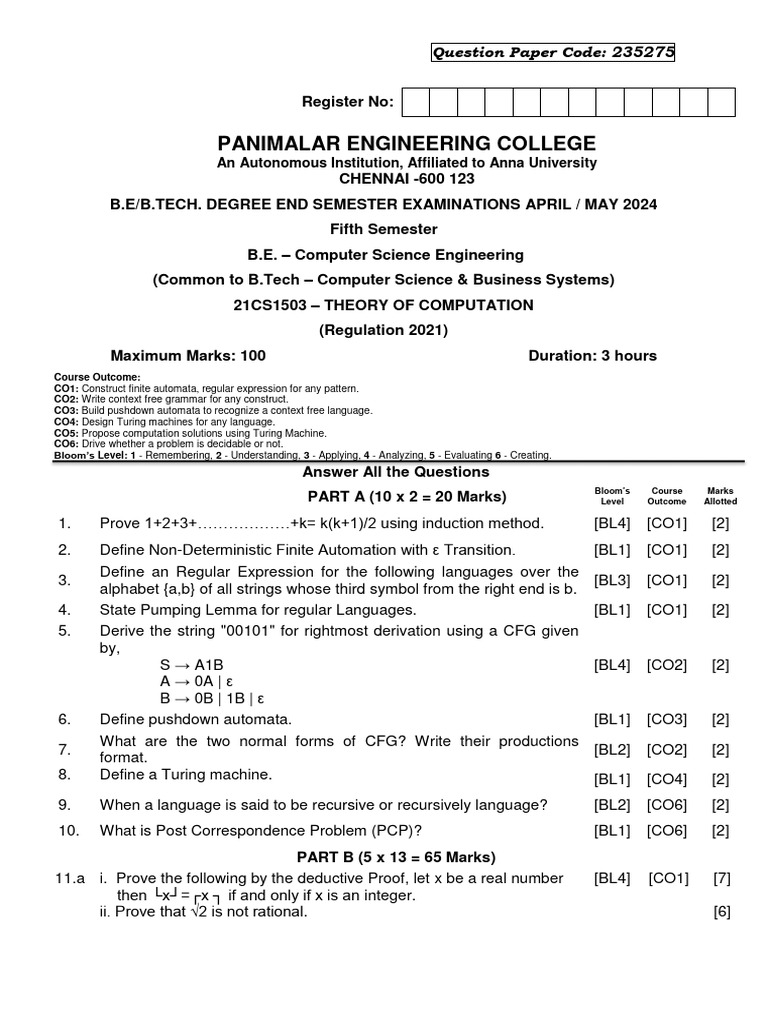 21CS1503 - Theory of Computation | PDF | Theory Of Computation ... 21CS1503 - Theory of Computation | PDF | Theory Of Computation ...