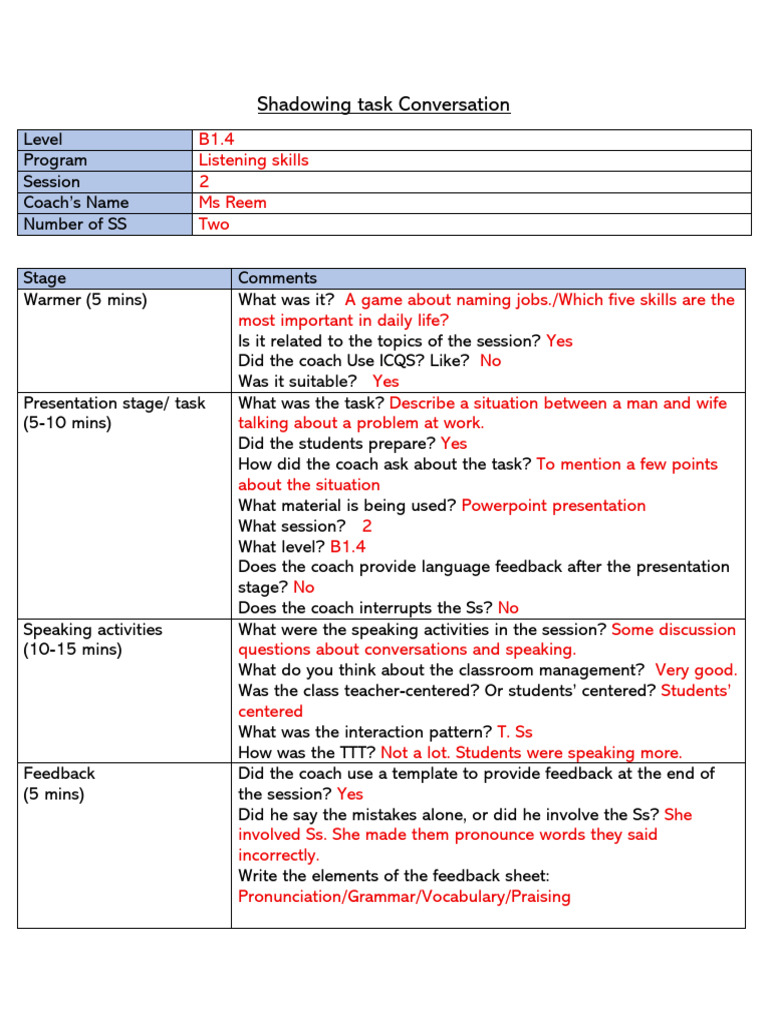 Shadowing Task Conversation MS Reem | PDF