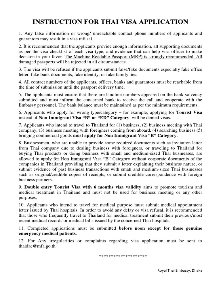 Instruction For Thai Visa Application 180614 | PDF | Travel Visa | Passport