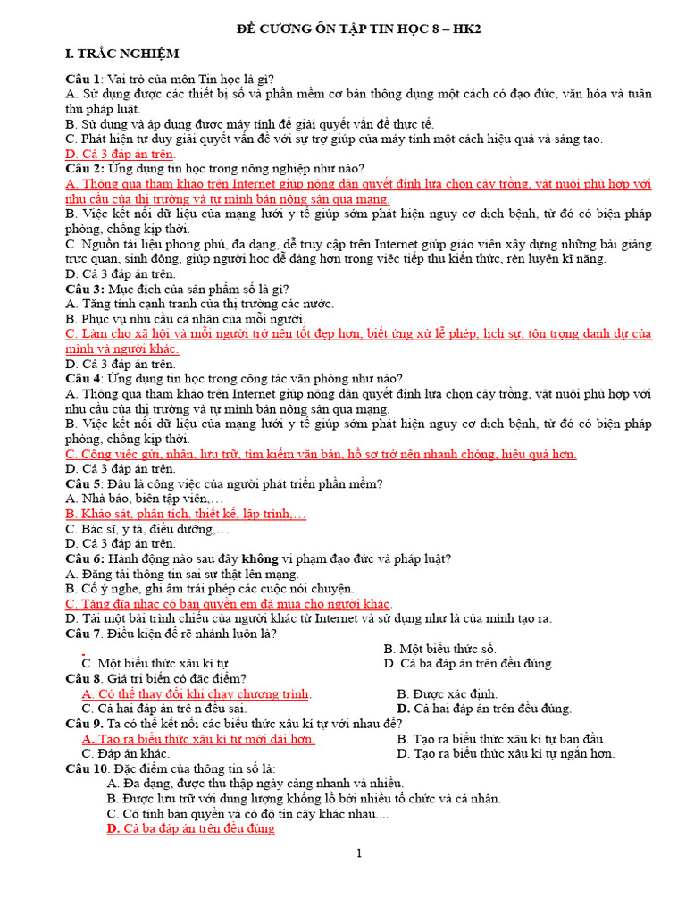 ĐỀ CƯƠNG ÔN TẬP TIN HỌC 8-hk2 | PDF