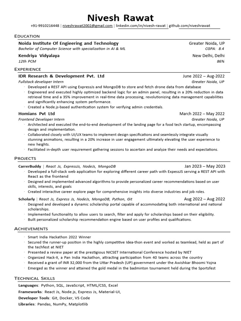 Nivesh Rawat Resume | PDF | Computing | Information Technology