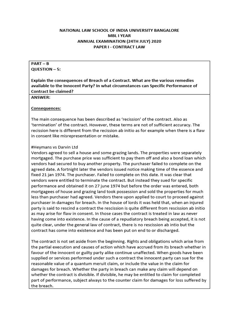 Consequences and Remedies for Contract Breach | PDF | Partnership ...