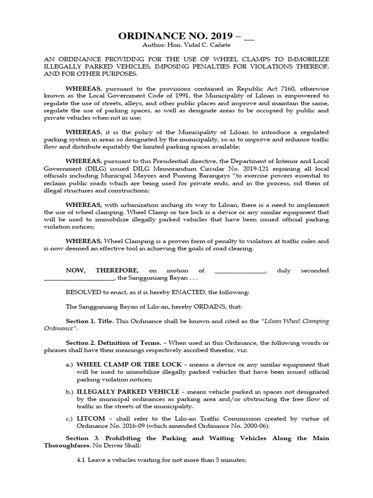 Draft Ordinance Wheel Clamps To Immobilize Illegally Parked Vehicles ...