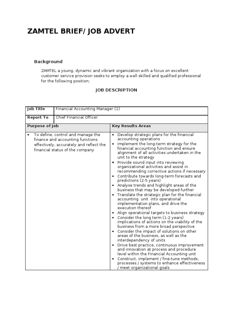 Job Advert-Financial Accounting Manager | PDF | Strategic Management ...