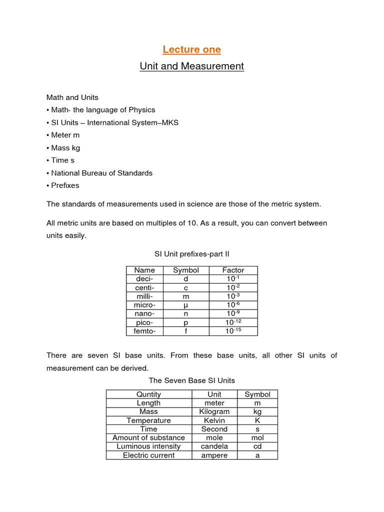 Unit and Measurement: Lecture One | PDF | Calorie | International ...