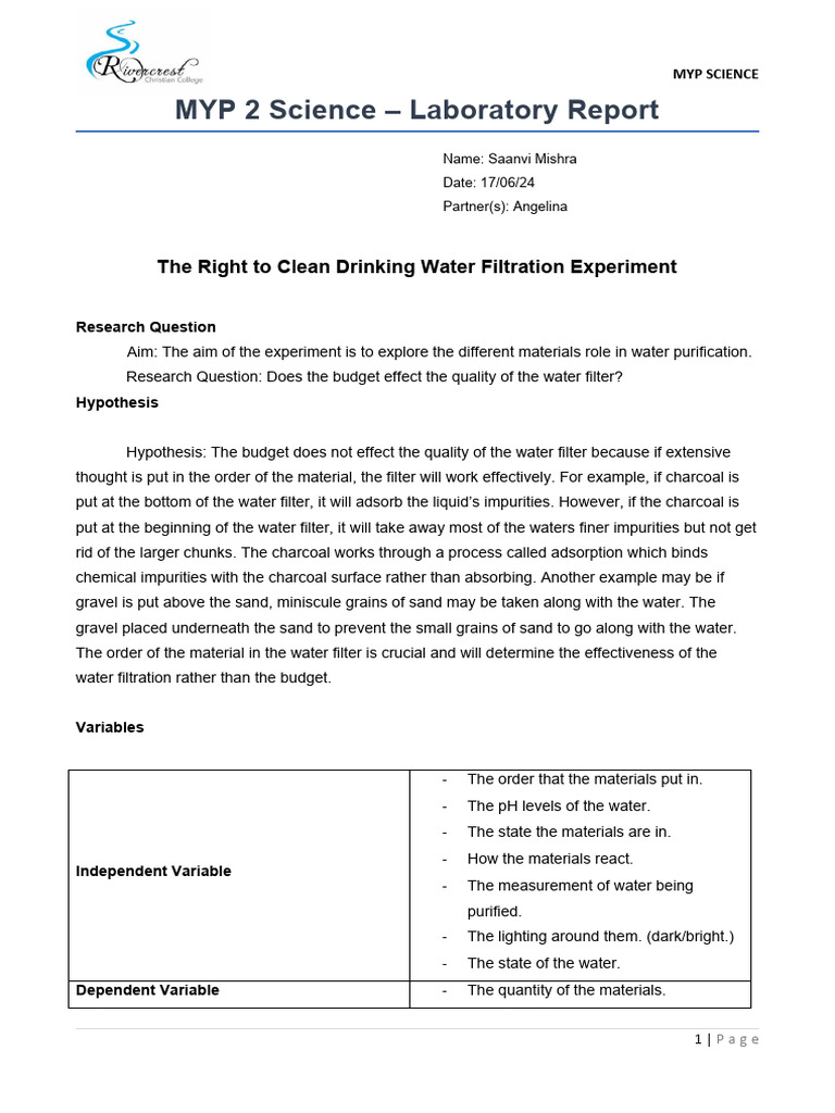 Water Filter Lab Report | PDF | Filtration | Water