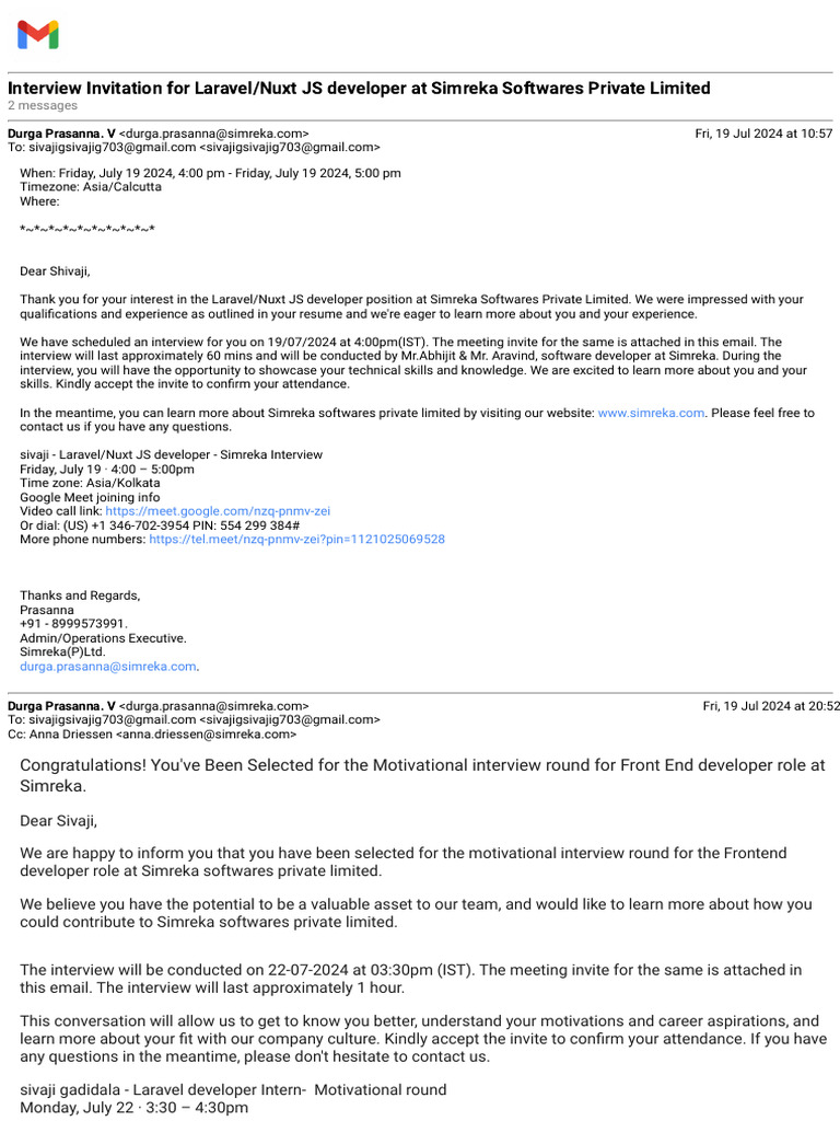 Gmail - Interview Invitation For Laravel - Nuxt JS Developer at Simreka Softwares Private ...