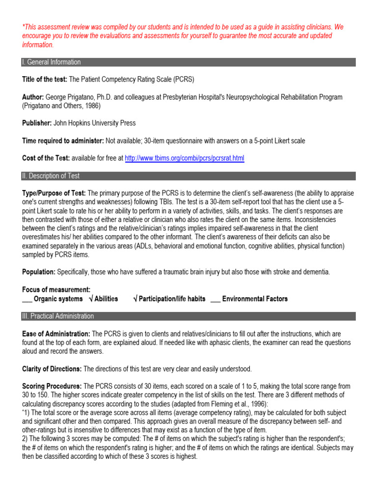 Pcrs | PDF | Traumatic Brain Injury | Self Awareness