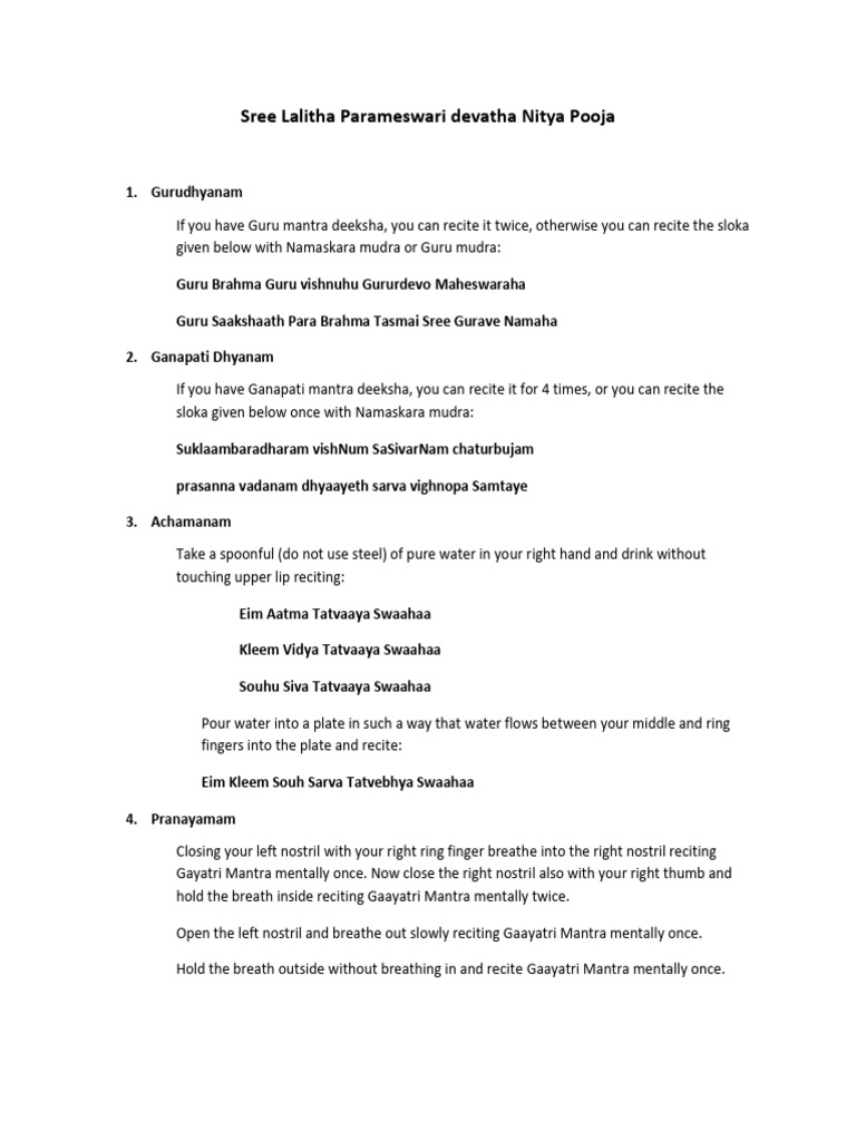 Sree Lalitha Parameswari Devatha Nitya Pooja | PDF | Mantra | Hindu Prayer And Meditation