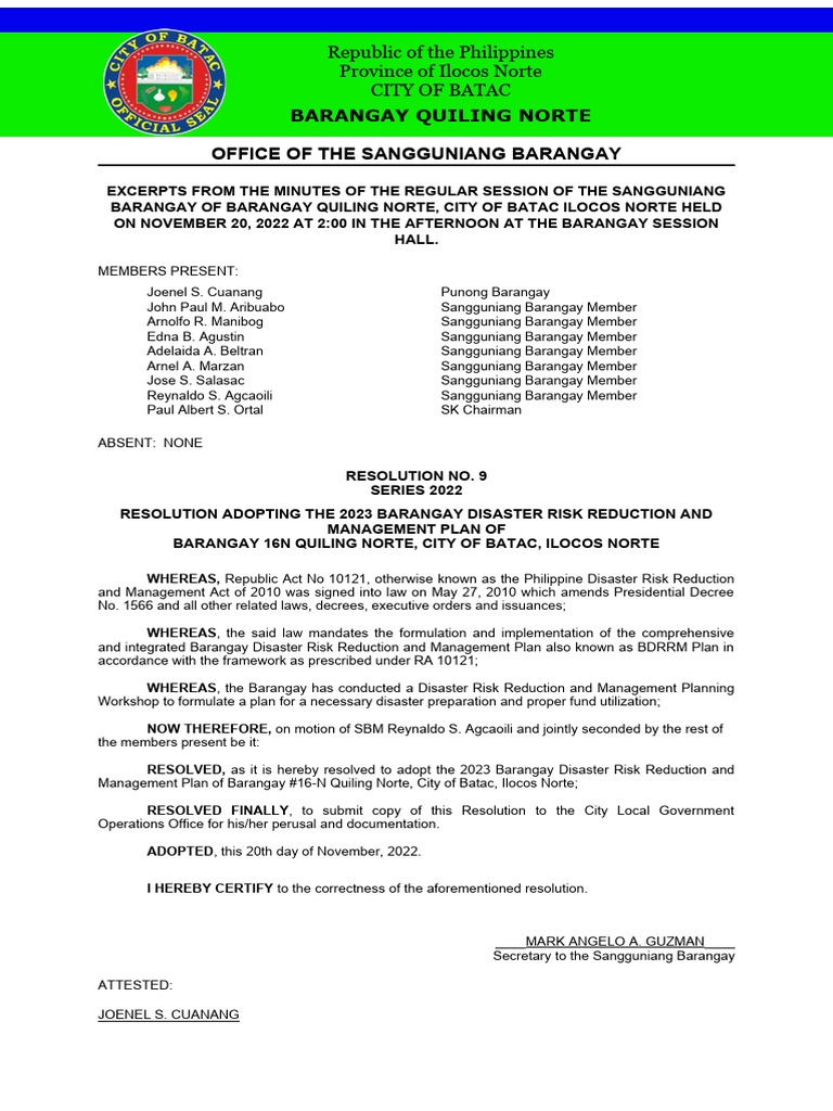 2022 Brgy Resolution No. 9 To No. 18 - Adopting 2022 Cy Plans 2022 ...