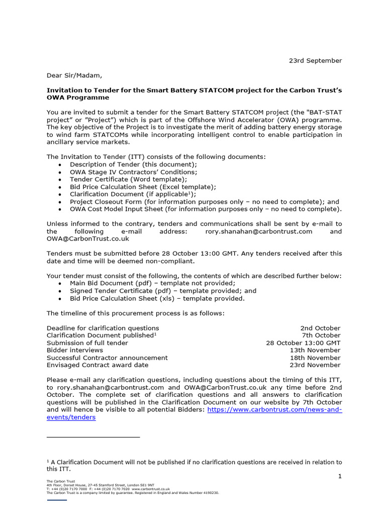 OWA S4 ITT Description-of-Tender BAT-STAT | PDF | Energy Storage | Cost ...