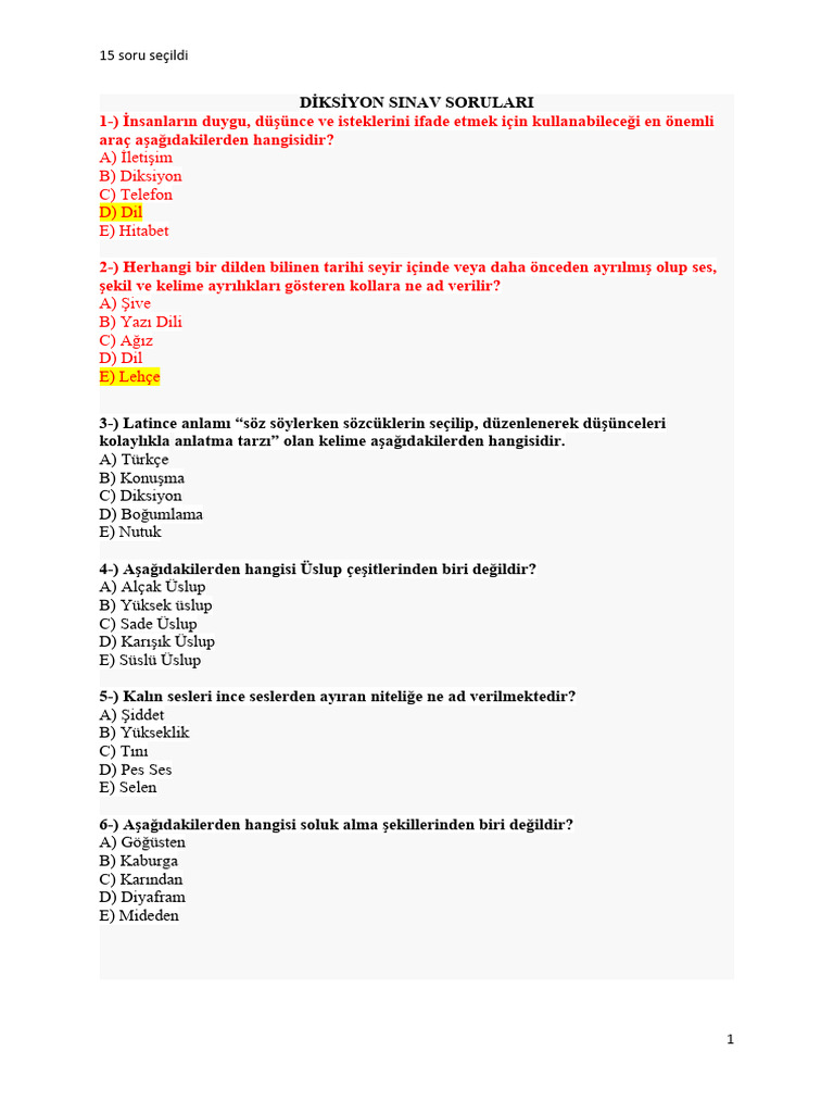 Di̇ksi̇yon Sinav Sorulari | PDF