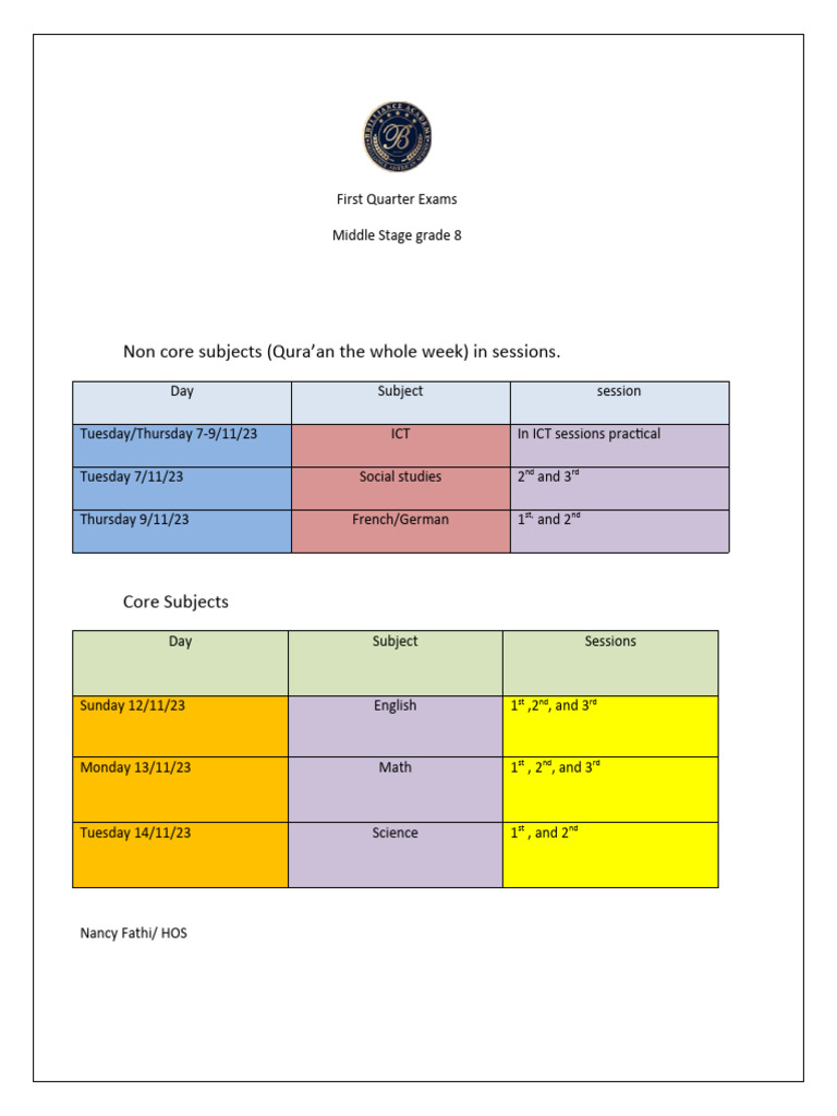 Grade 8 Exam Schedule Nov 2023 | PDF