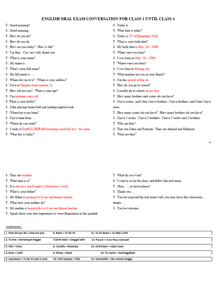 Oral Exam Conversation 1 - 4 | PDF