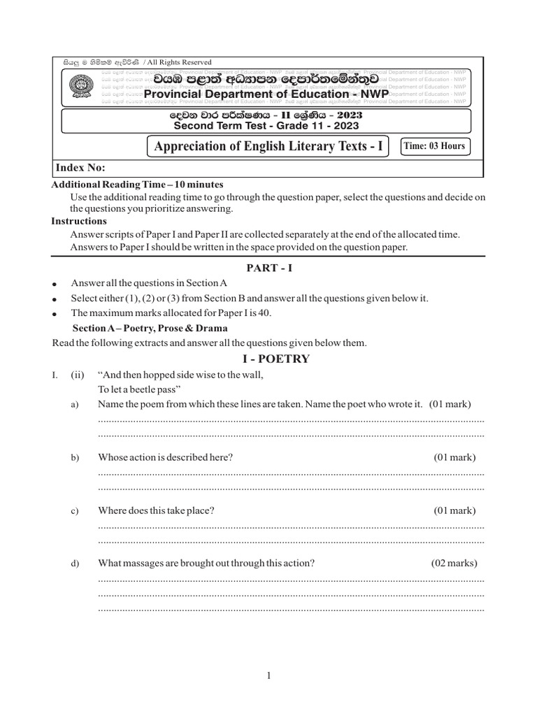 Grade 11 English Literature Test 2023 | PDF