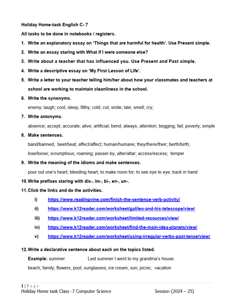 Holiday Hometask C-7 (2024-25) - English | PDF | Poetry