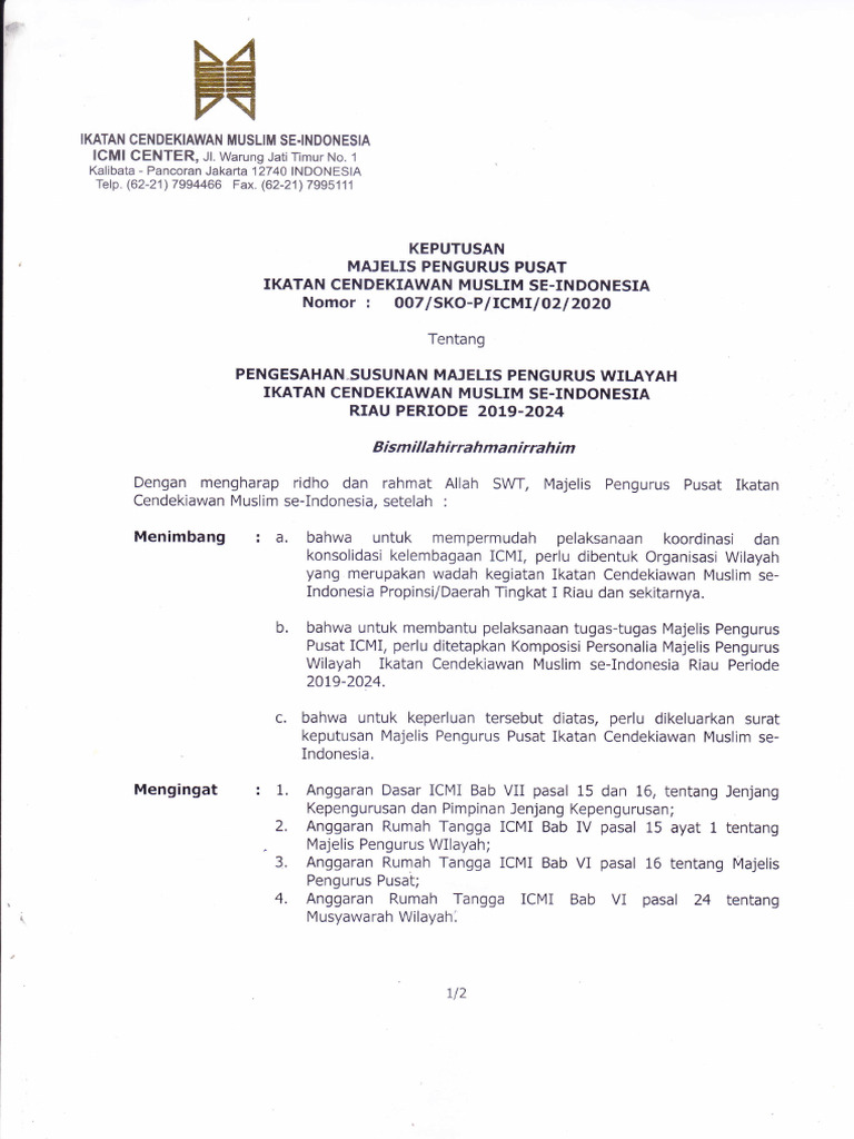 DK-2020 - SK Pengangkatan ICMI - Orwil - Riau 2019-2024 | PDF