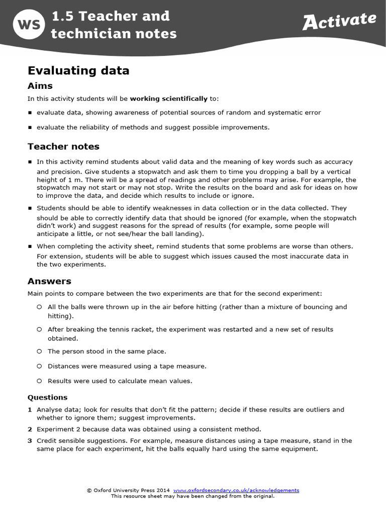 WS1.5 Teacher Notes | PDF | Experiment | Accuracy And Precision