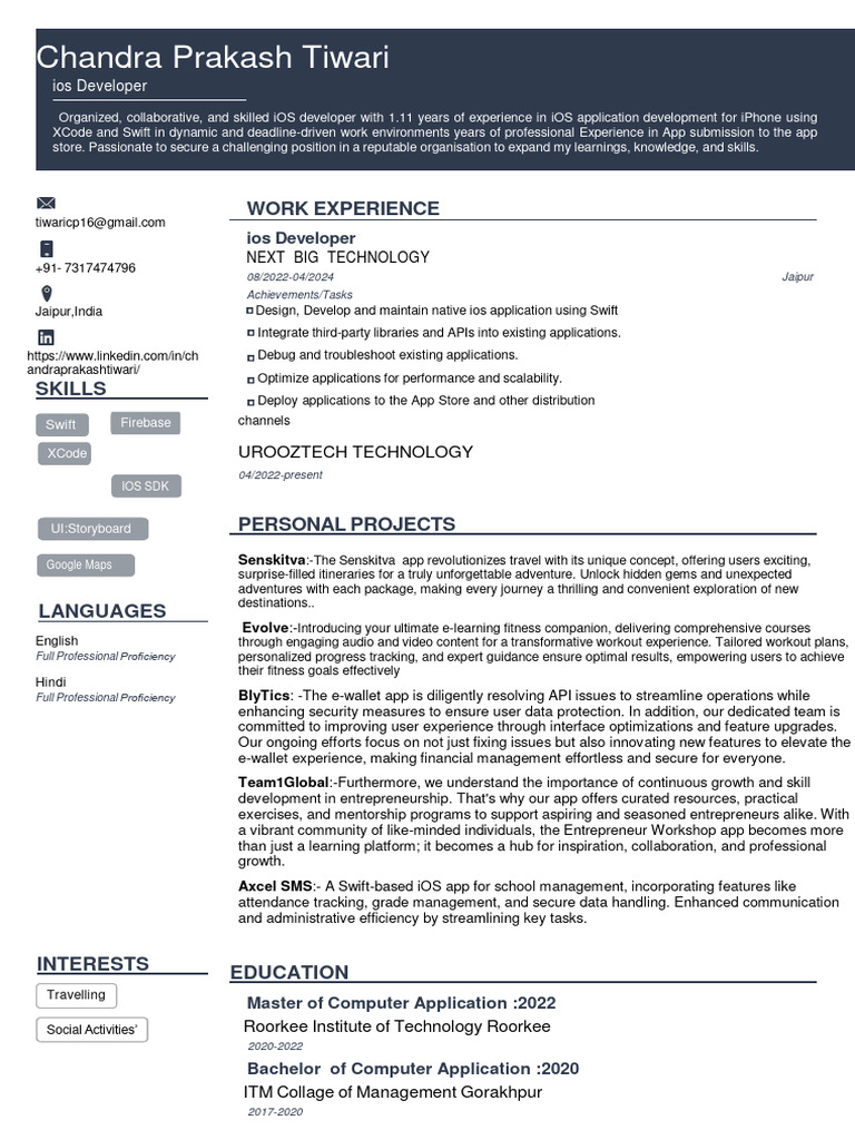 iOS Developer Resume of Chandra Tiwari | PDF | Ios | Mobile App