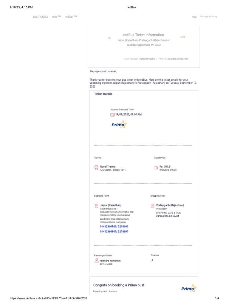 Jaipur to Pratapgadh Bus Ticket Details | PDF | Bus | Baggage