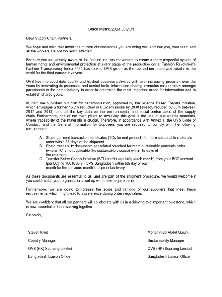 OVS Bangladesh - Office Memo | PDF | Supply Chain | Business