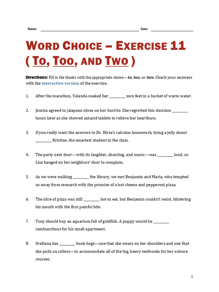 To, Too, and Two: Word Choice Exercise | PDF