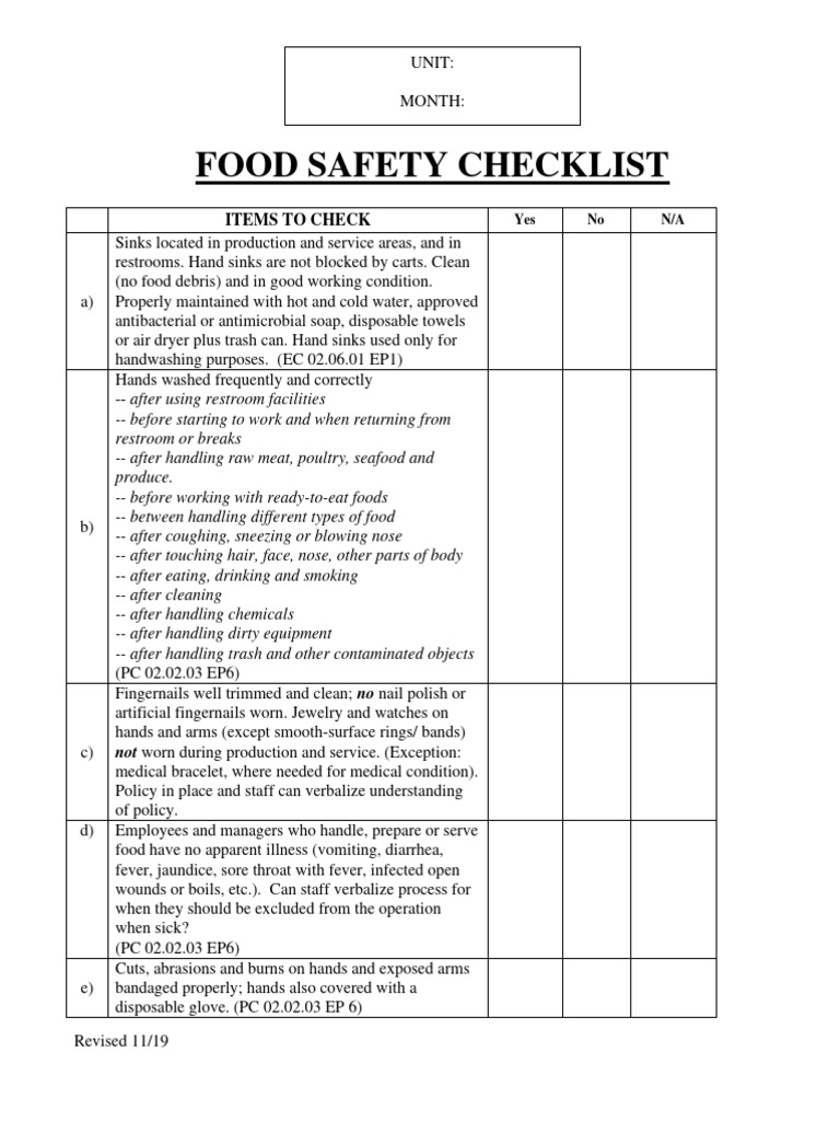 Food Safety Checklist Sample | PDF | Hand Washing | Beef
