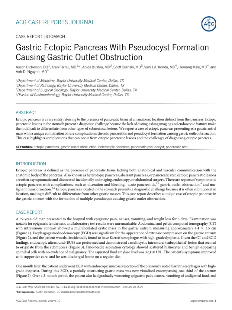 Gastric Ectopic Pancreas With Pseudocyst Formation | PDF | Pancreas ...