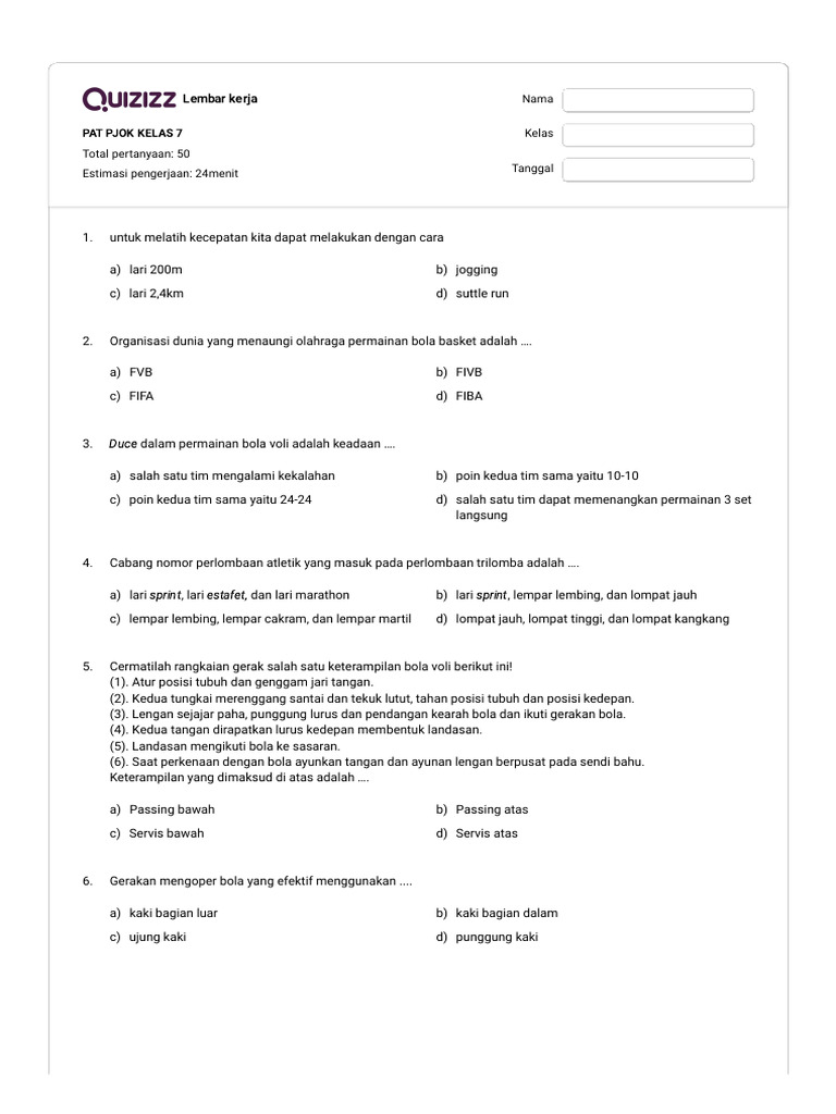 PAT PJOK KELAS 7 - Quizizz | PDF
