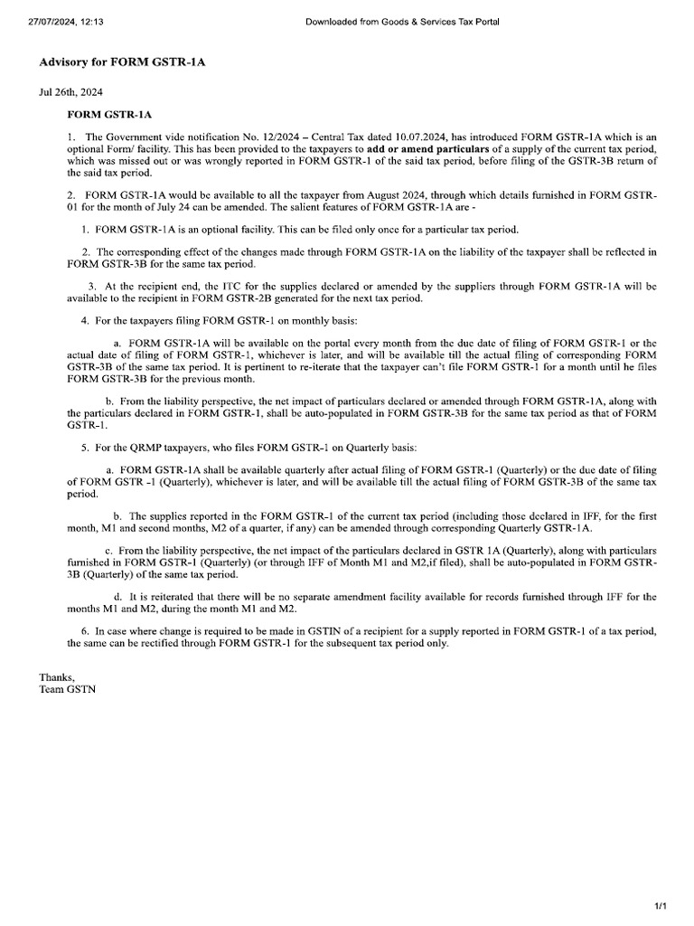 GSTR 1a | PDF