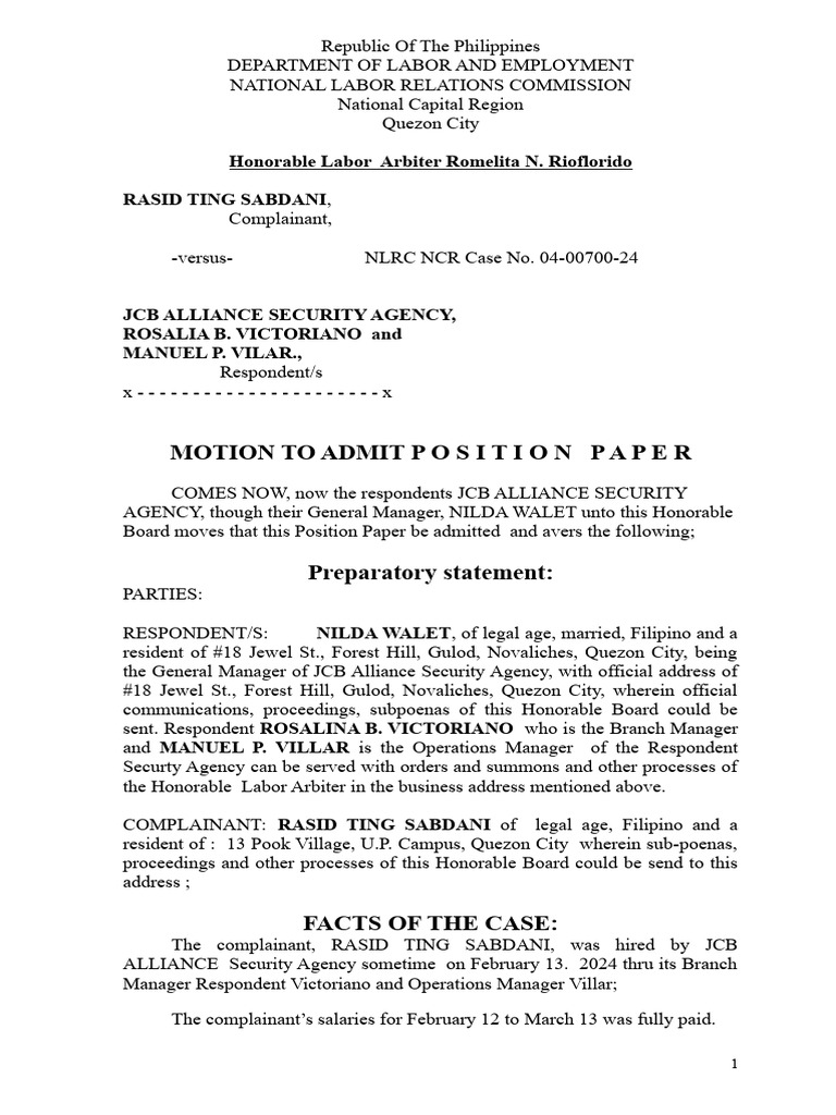 Sabdani Vs JCB - Position Paper | PDF | Employment | Pleading