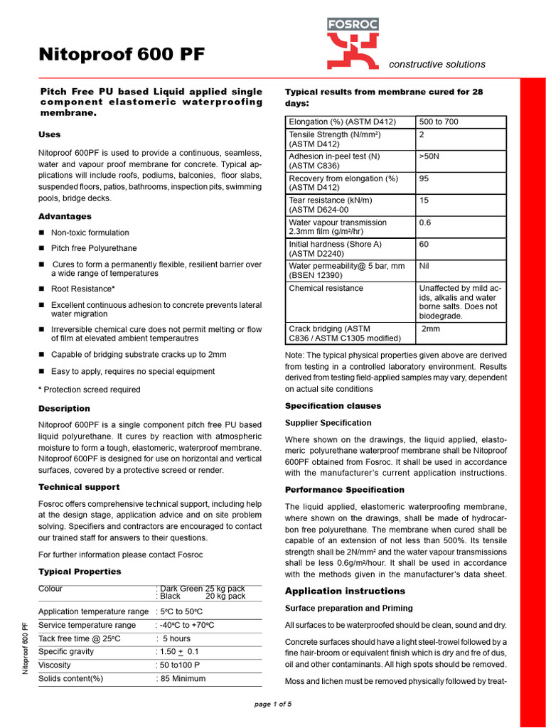 Nitoproof 600 PF Waterproofing Guide | PDF | Concrete | Water