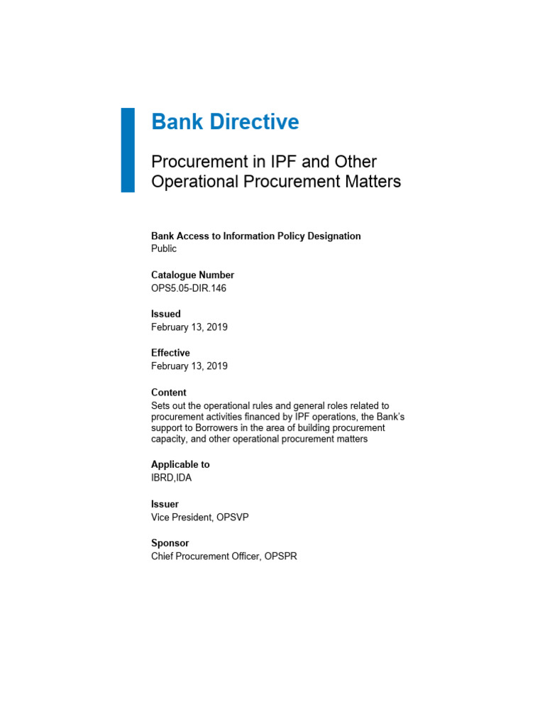 Bank Directive: Procurement in IPF and Other Operational Procurement ...