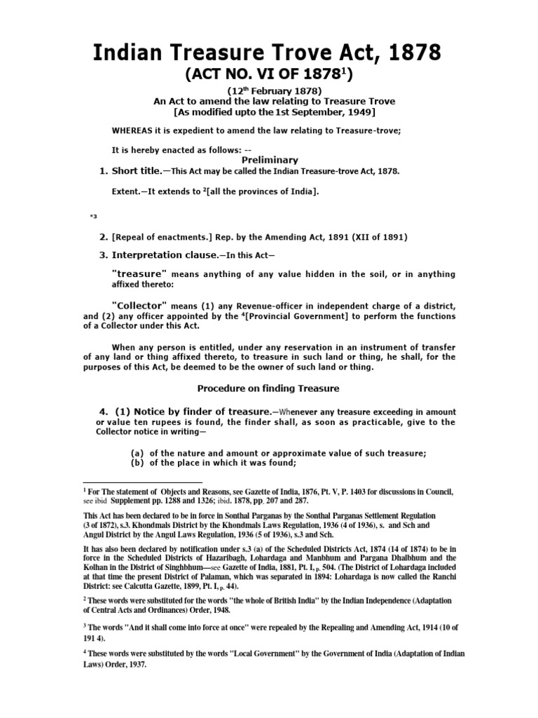 Indian Treasure Trove Act 1878 | PDF | Lawsuit | Government
