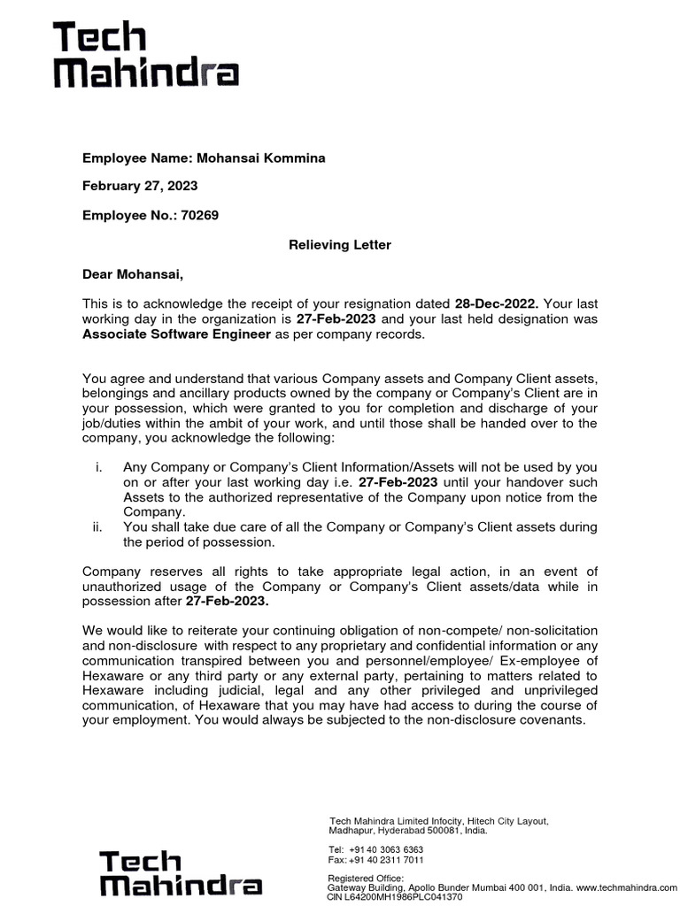 Tech Mahindra Relieving Letter for Mohansai | PDF | Non Disclosure ...