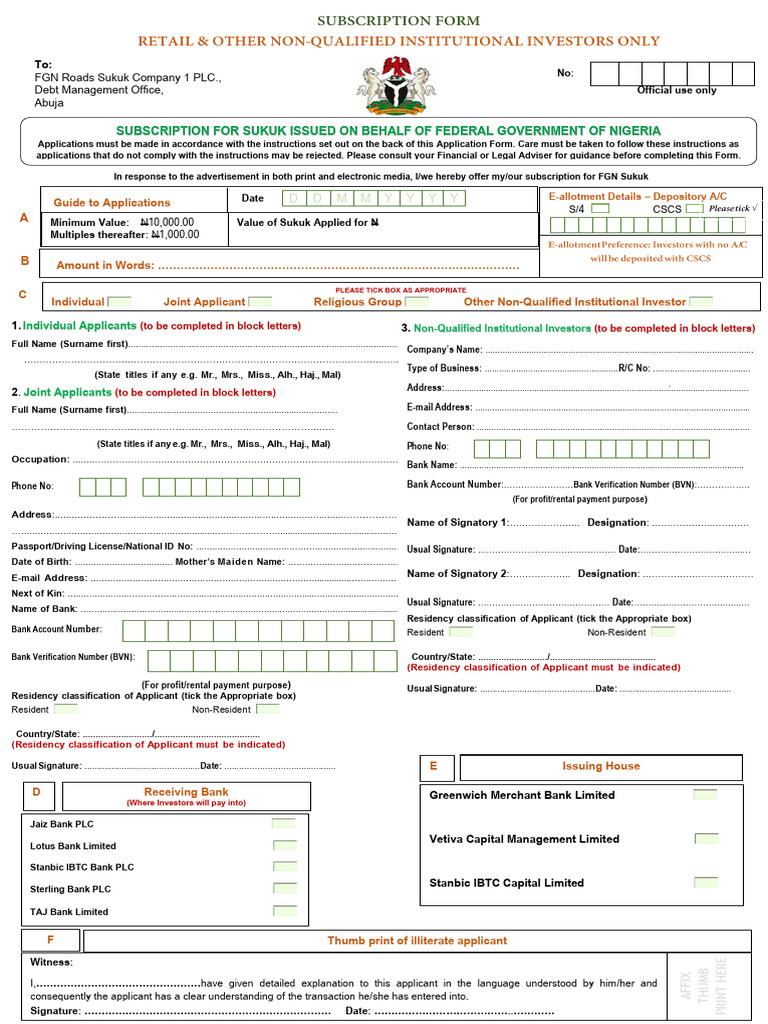 FGN Sukuk Subscription Form 2023 - RETAIL | PDF | Banks | Private Sector