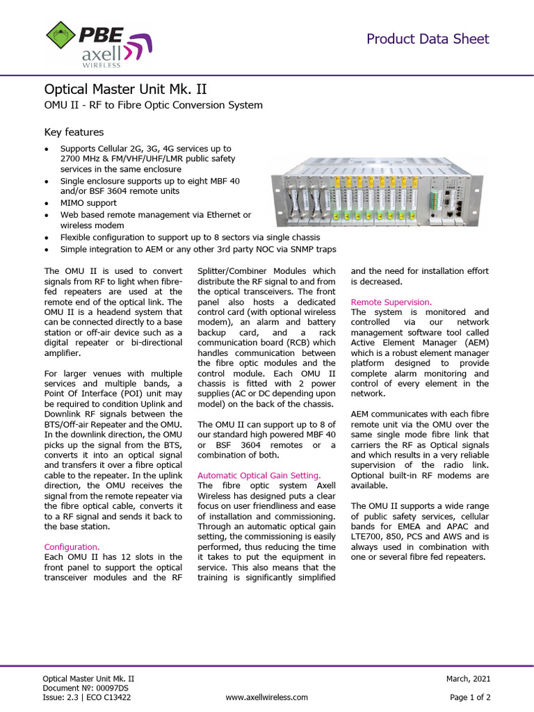 Axell Wireless Optical Master Unit II | PDF | Fiber Optic Communication ...
