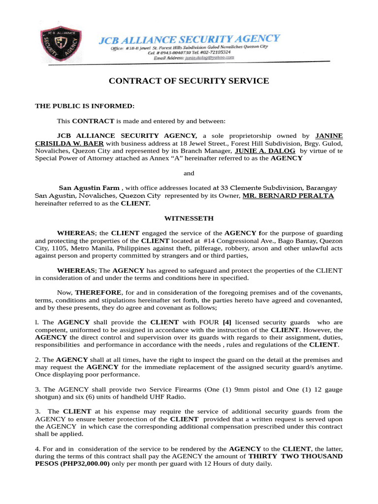 JCB Contract With Peraltsa | PDF | Employment | Security Guard