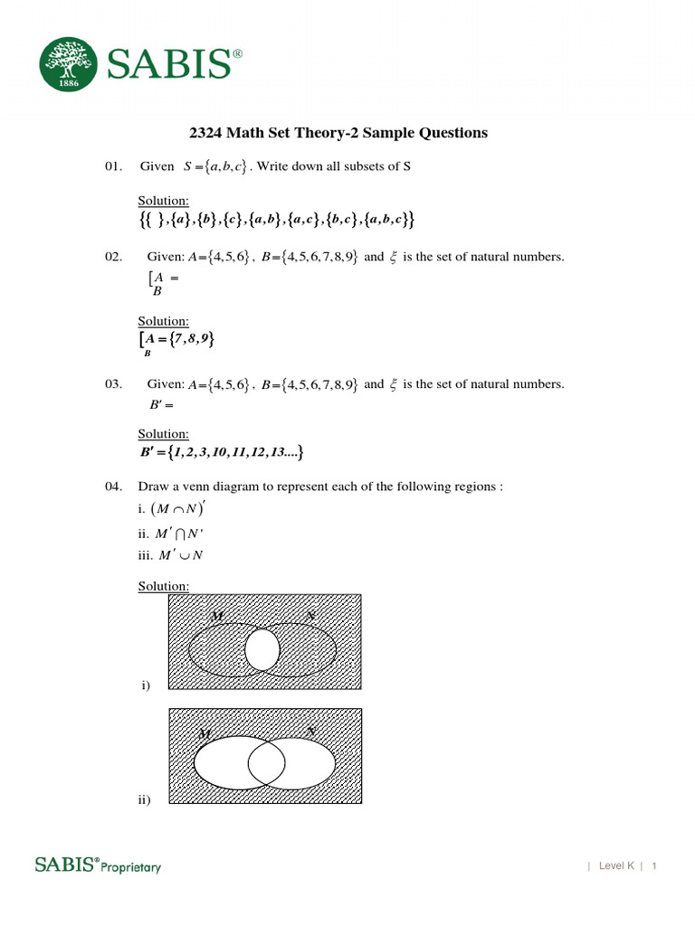 2324 Math Set Theory-2 Sample Questions | PDF | Glasses