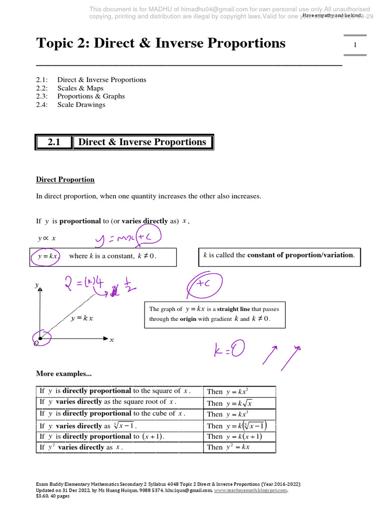 Direct and Inverse Proportions | PDF | Equations | Variable (Mathematics)