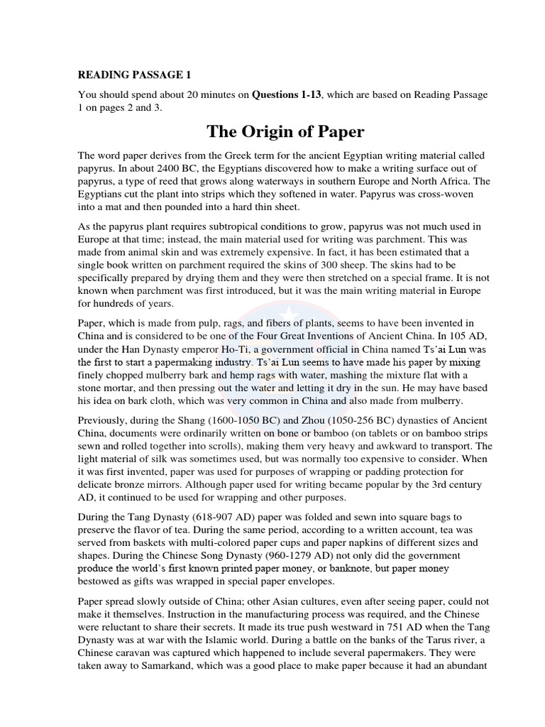 104 Passage 1 - The Origin of Paper | PDF | Papermaking | Paper