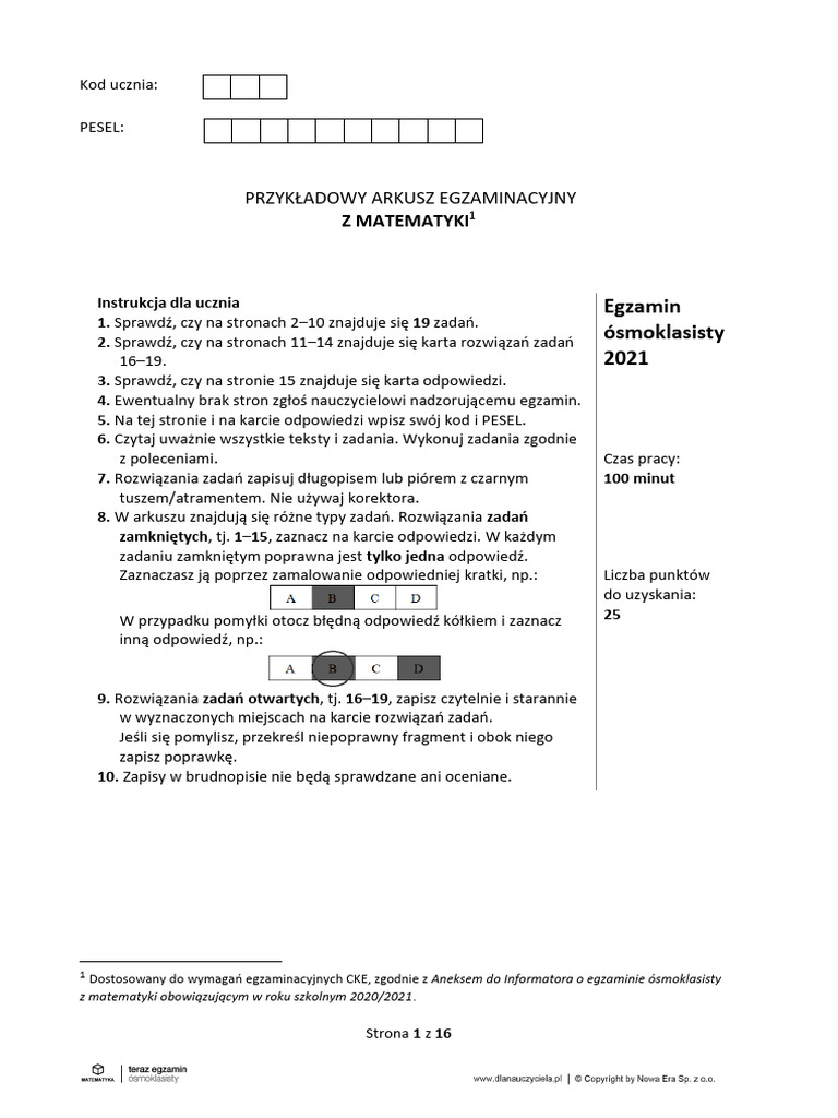 Przykladowy Arkusz Do Egzaminu Osmoklasisty 2021 | PDF