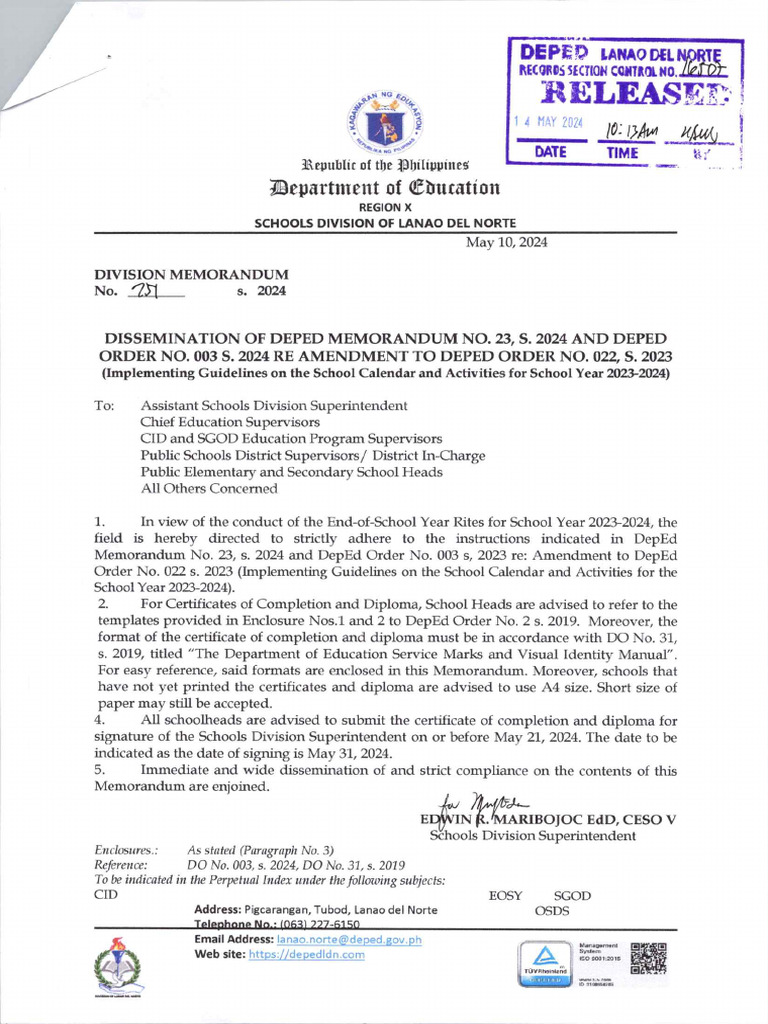 Dissemination of Deped Memorandum No.23, S.2024 and Deped Order No. 003 S. 2024 Re Amendment To ...