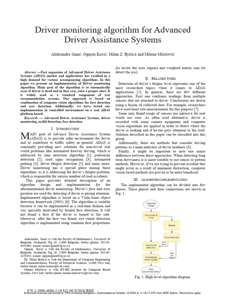 Driver Monitoring Algorithm For Advanced Driver Assistance Systems | PDF