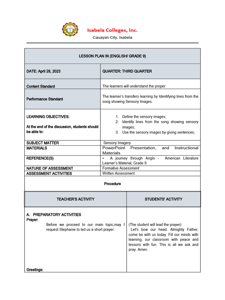 LESSON PLAN Grade 9 Bias and Prejudice Demo 1 | PDF | Mental Image | Senses