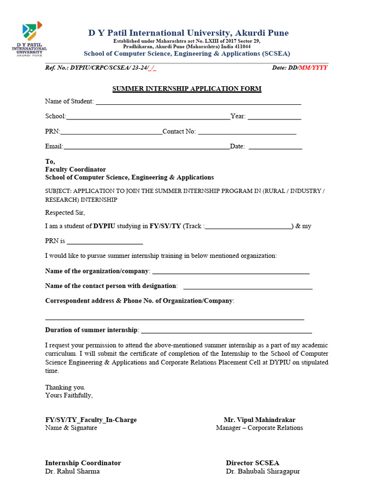 Internship Application Form | PDF | Business | Computers
